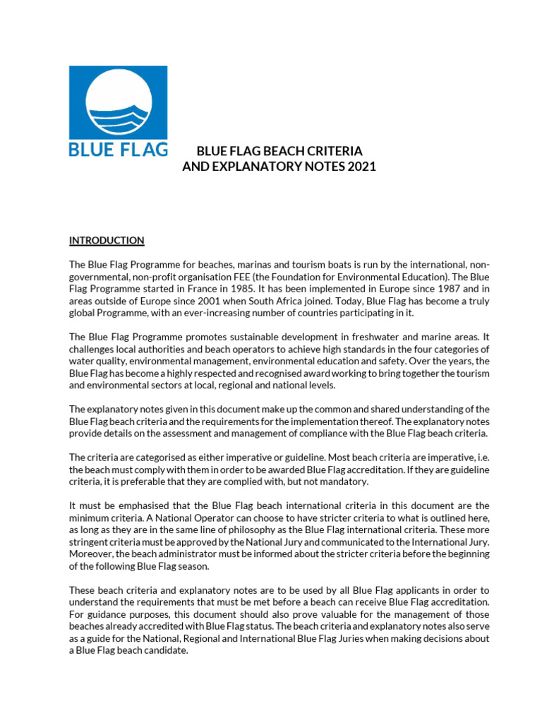 Blue Flag Beach Criteria 2021 Guide | PDF | Public Toilet | Water Quality