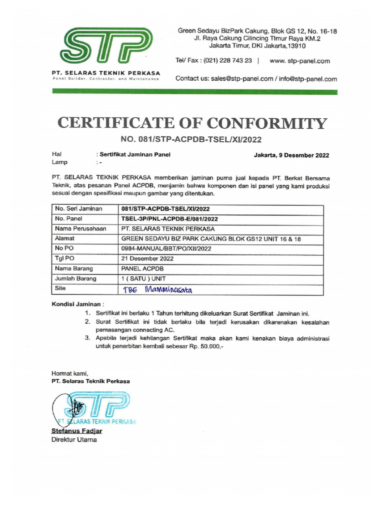Ex. Sertifikat Jaminan Panel KWH & ACPDB | PDF