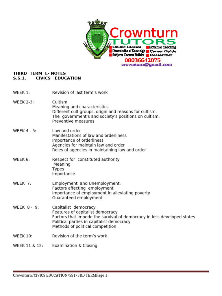 SS1 Civic Education: Third Term Overview | PDF | Elections | Employment