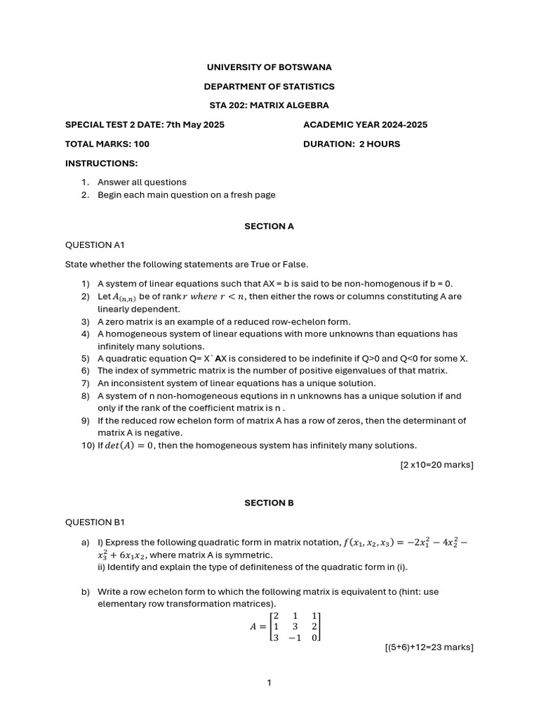 Matrix Algebra Test Paper 2025 | PDF | Mathematical Physics | Algebra