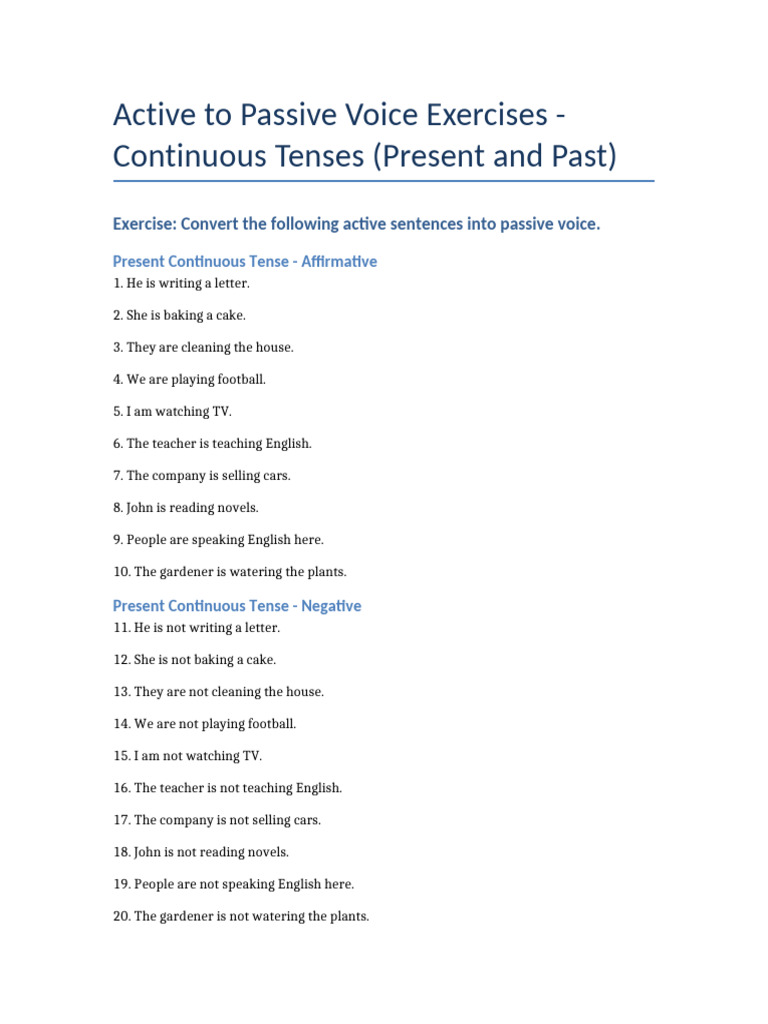 Active To Passive Continuous Tense Exercises | PDF | English Language ...