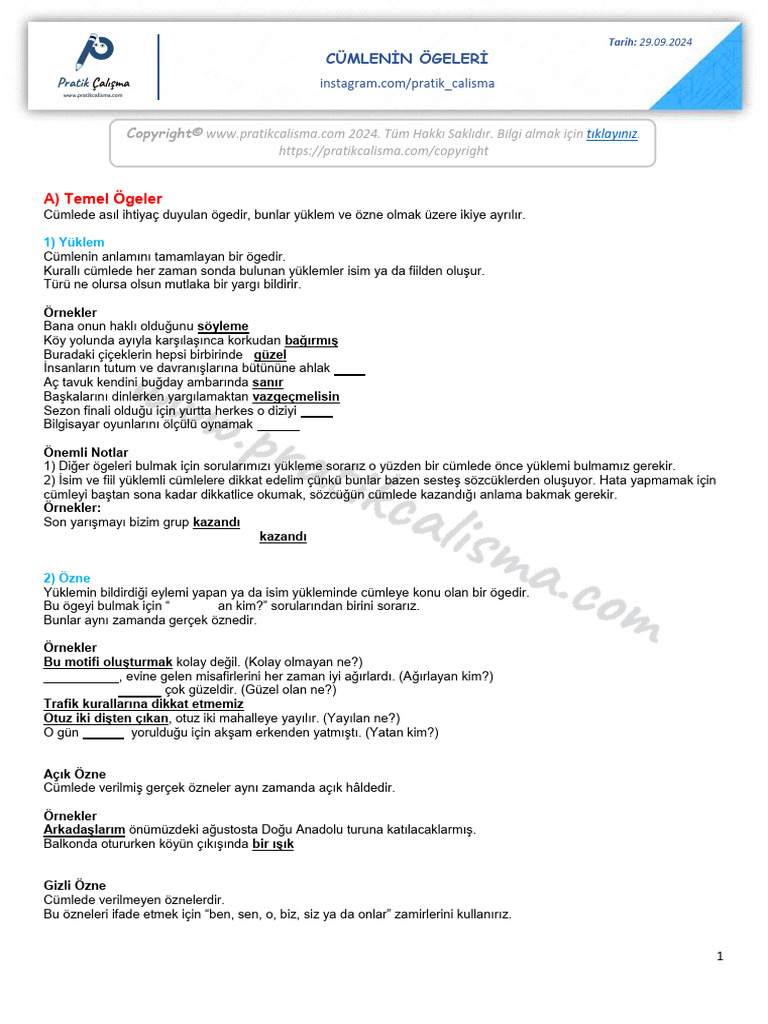 Cümlenin Ögeleri | PDF