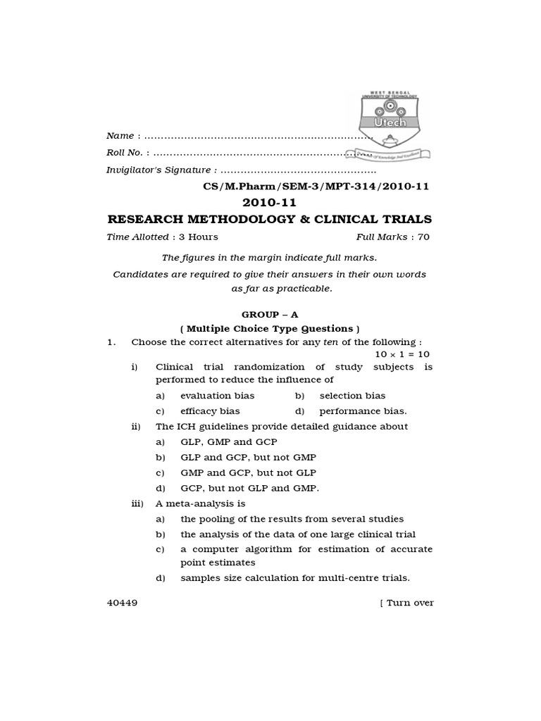 Mpharm MPT 314 Research Methodology and Clinical Trials 2010 | PDF | Clinical Trial ...