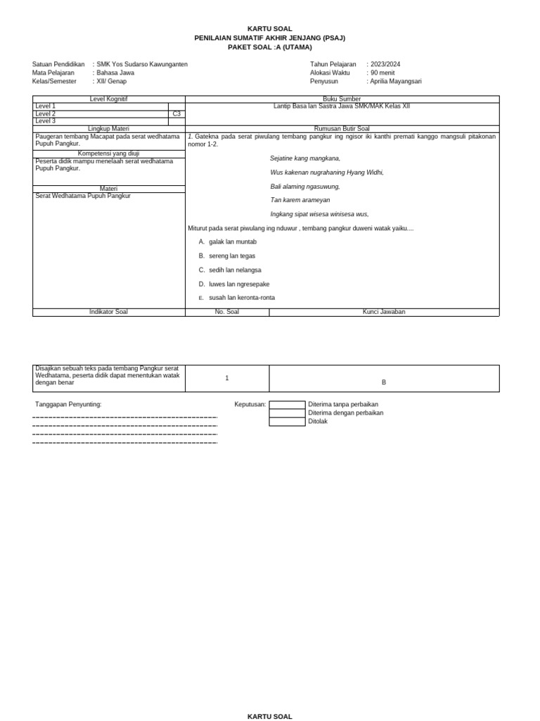 Format Kartu Soal PSAJ Bahasa Jawa 2023-2024 | PDF