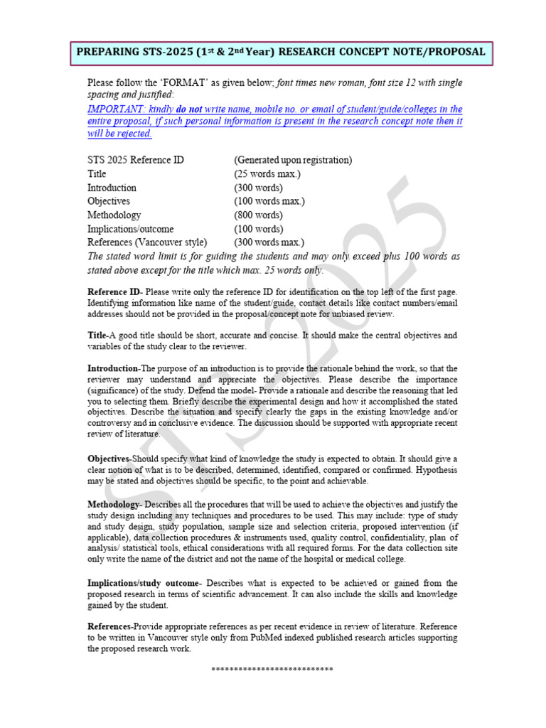 Preparing STS-2025 (1st & 2nd Year) Research Concept Note Proposal | PDF | Cognition | Methodology