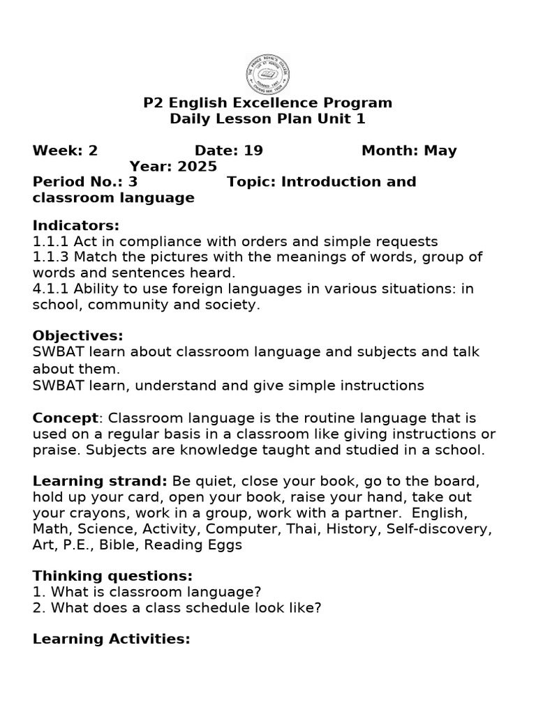 Grade 2 Unit 1 Lesson Plan 2025 | PDF | Phonics | Lesson Plan