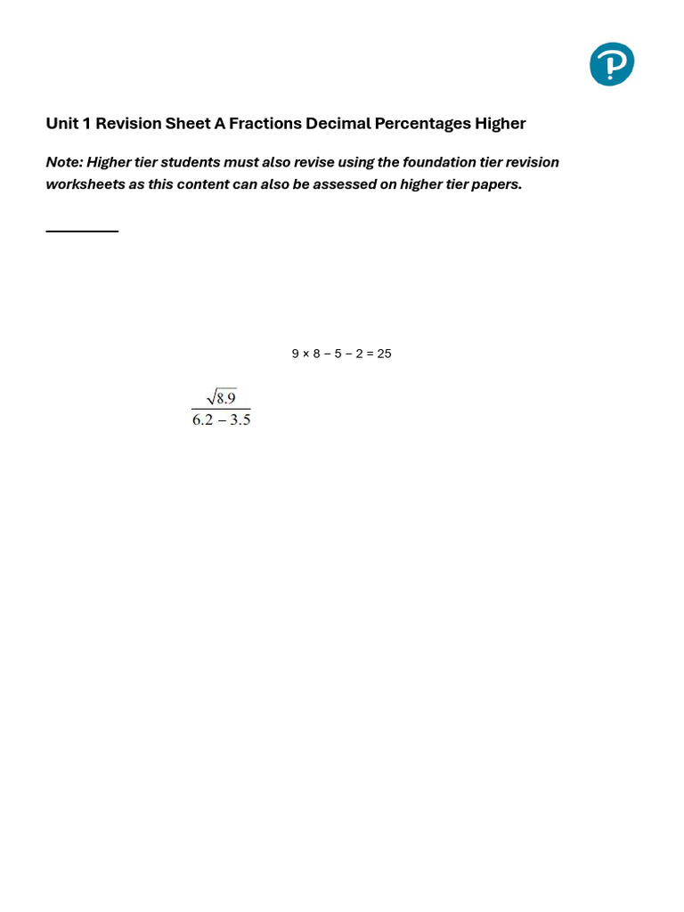 Printer Friendly Unit 1 Revision Sheet A Fractions Decimal Percentages ...