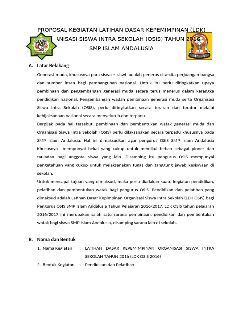 Proposal Kegiatan LDK OSIS 2016 | PDF