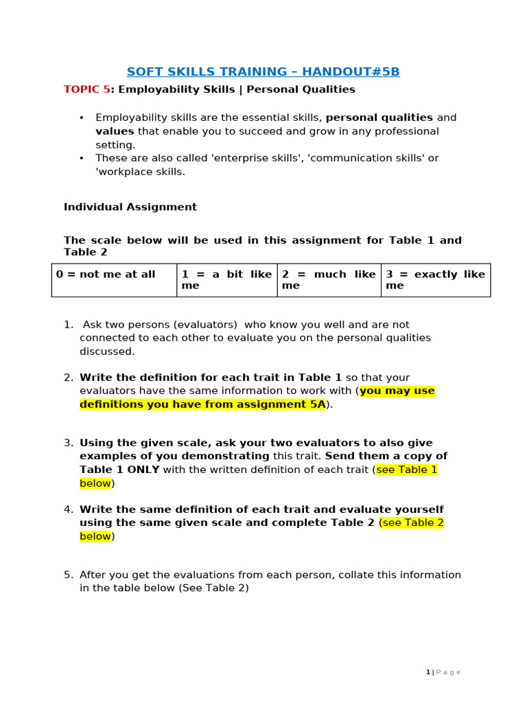 SS Handout For Topic 5B Ed - Employability Skills - Personal Qualities ...