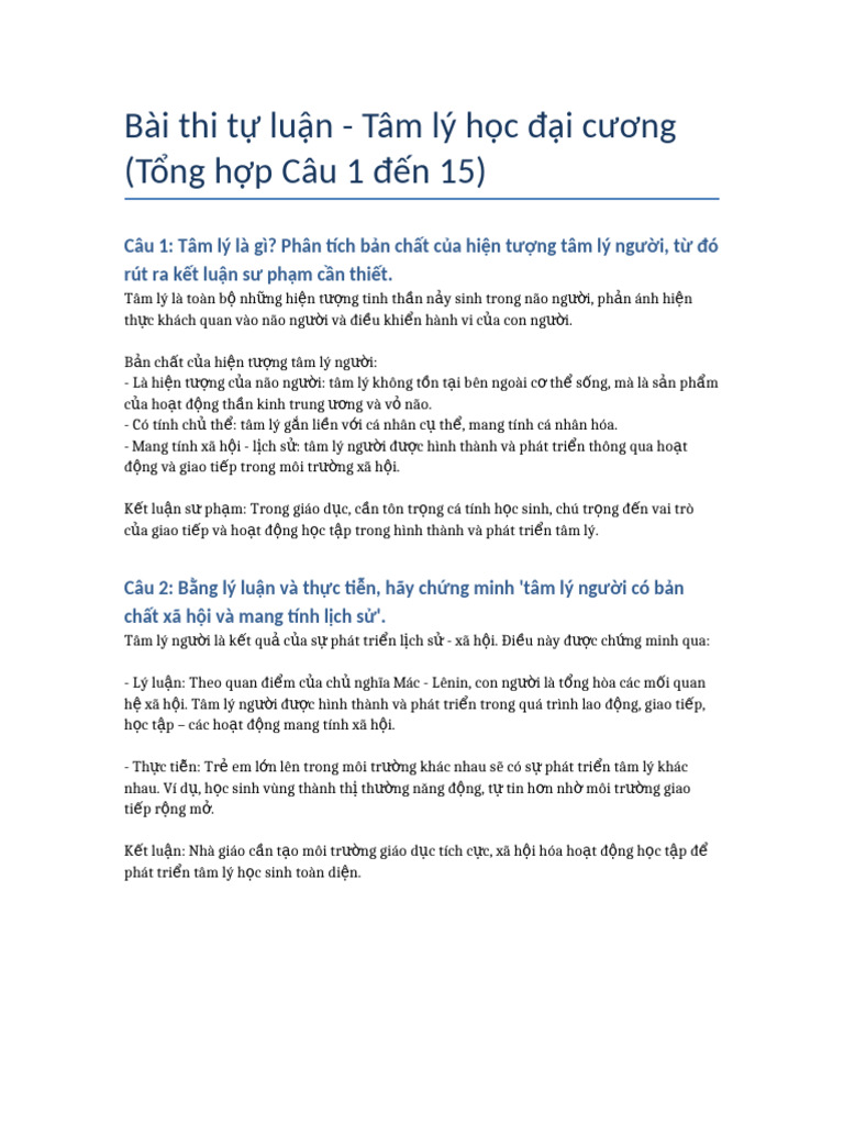 Bai Thi Tam Ly Hoc Dai Cuong Cau 1 Den 15 | PDF