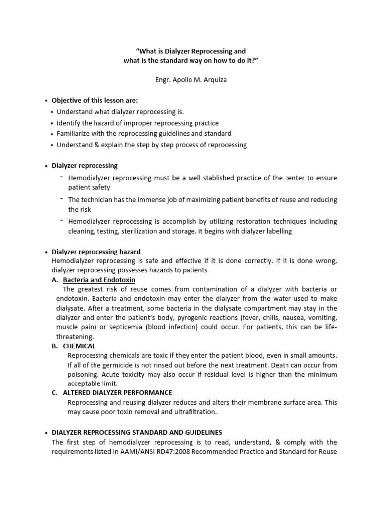 Lecture 12 - DIALYZER REPROCESSING Semi-Automated - Engr. Arquiza | PDF | Hemodialysis | Medical ...