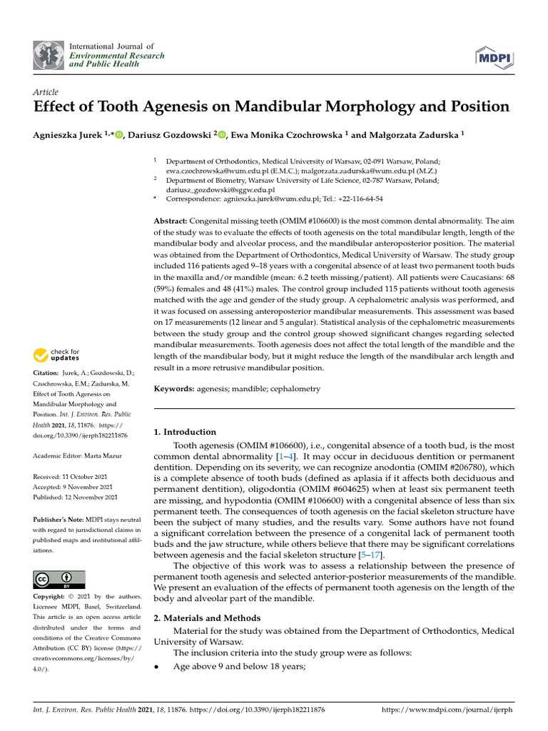 Effect of Tooth Agenesis On Mandibular Morphology and Position | PDF ...