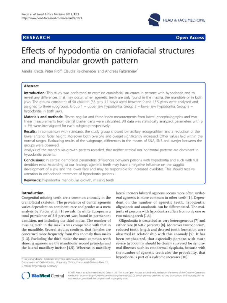 Effects of hypodontia on craniofacial structures and mandibular growth ...