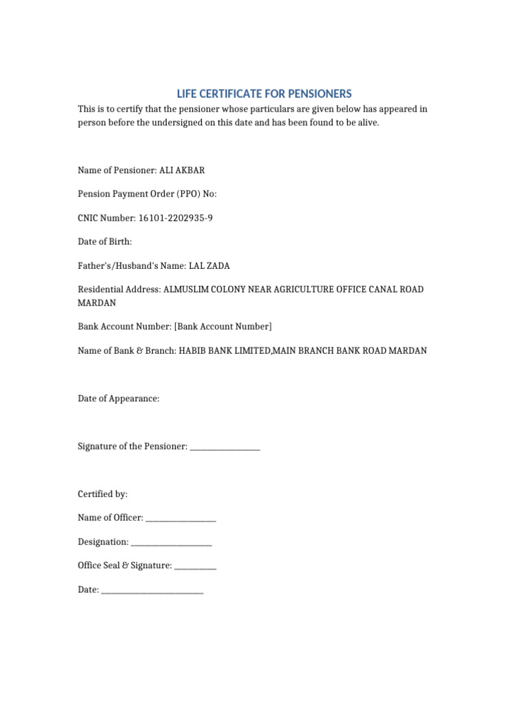 Life Certificate Pensioner Format New | PDF