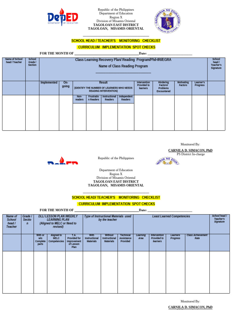 Teacher Monitoring Checklist for Curriculum | PDF | Teachers | Curriculum