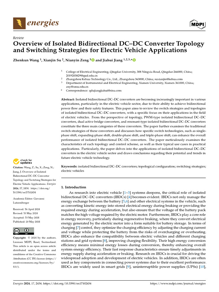 Overview of Isolated Bidirectional DC–DC Converter Topology and Switching Strategies for ...