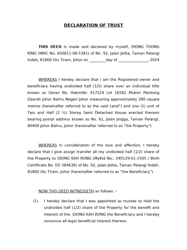 Self Declaration of Trust in Johor | PDF | Common Law | Land Law