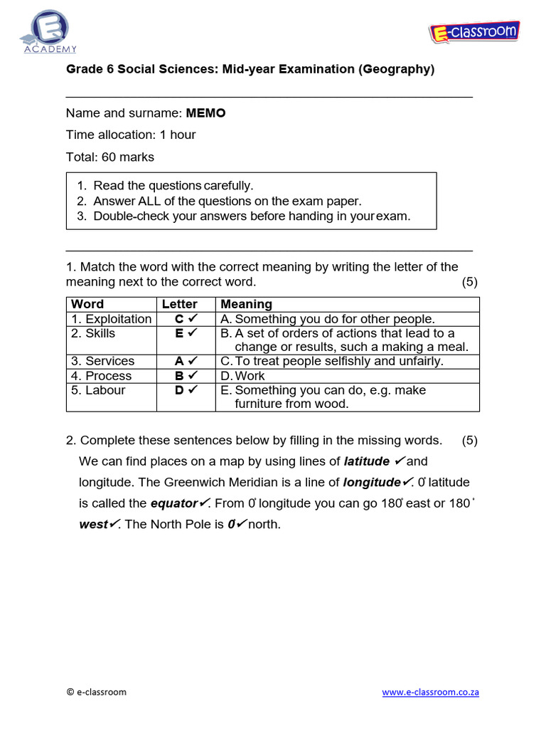 gr06 Geography Term2 Pack01 Practice Paper Memo - 20250522 - 091606 | PDF | Trade | Longitude