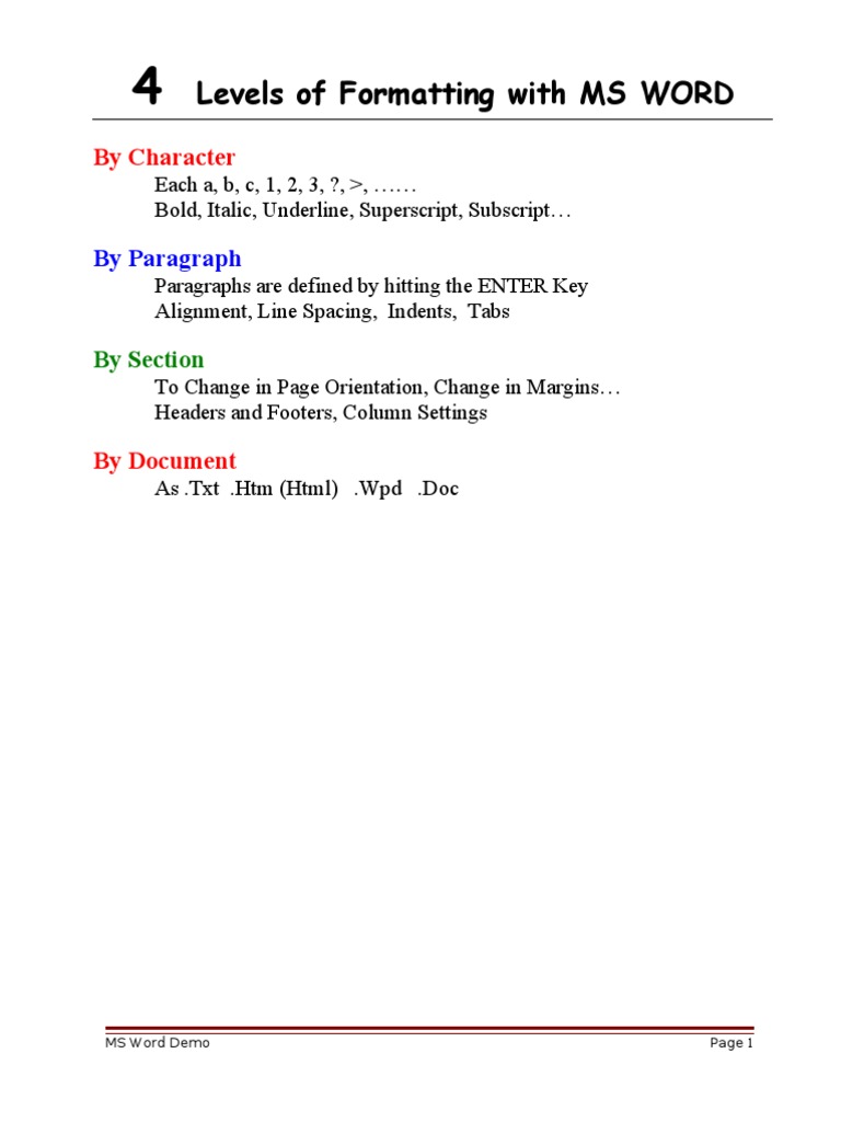 Levels of Formatting With MS WORD: by Character | PDF | Paragraph ...
