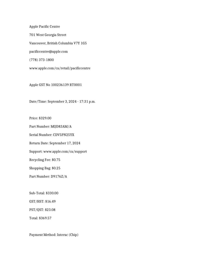 AirPods Receipt Apple Pacific Centre | PDF