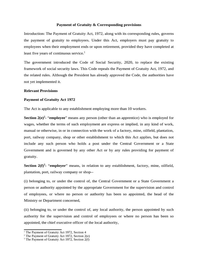 Gratuity Act 1972: Key Provisions Explained | PDF | Employment | Gratuity