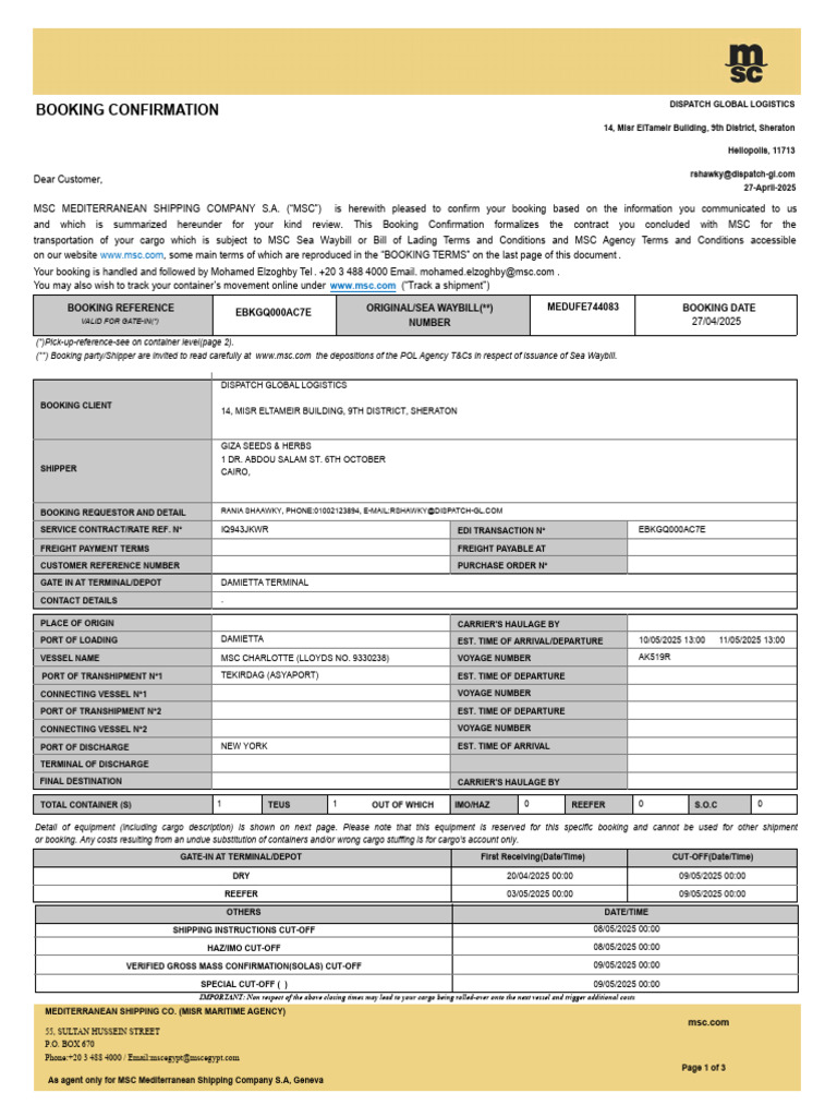 Global Booking Confirmation EBKGQ000AC7E | PDF | Cargo | Bill Of Lading