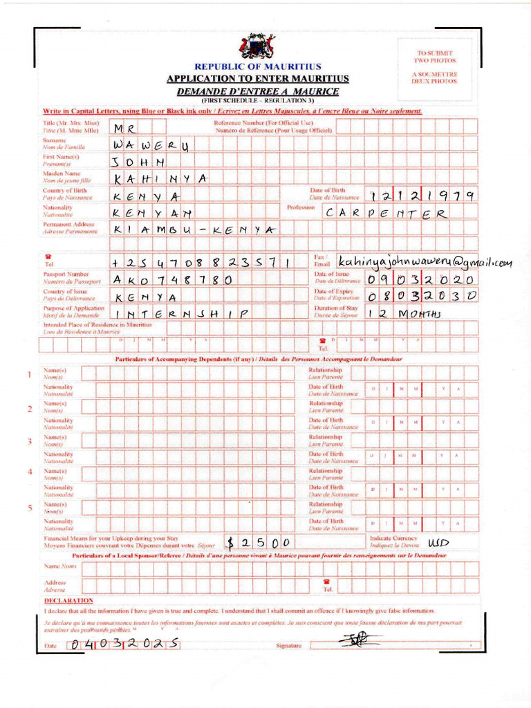 JOHN WAWERU ENTRY FORM | PDF