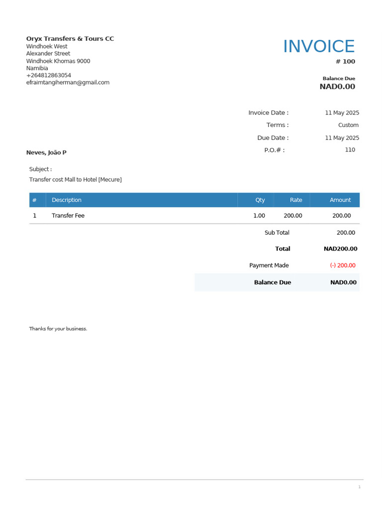 Invoice for Transfer Service in Namibia | PDF