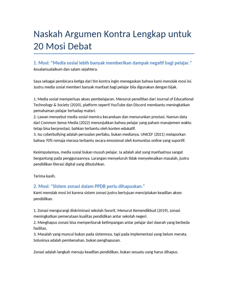 Naskah Argumen Kontra Lengkap Debat | PDF