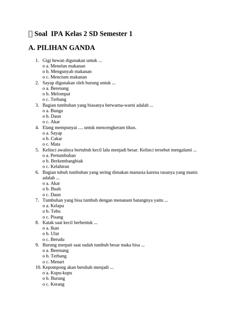 ? Soal IPA Kelas 2 SD Semester 1 | PDF