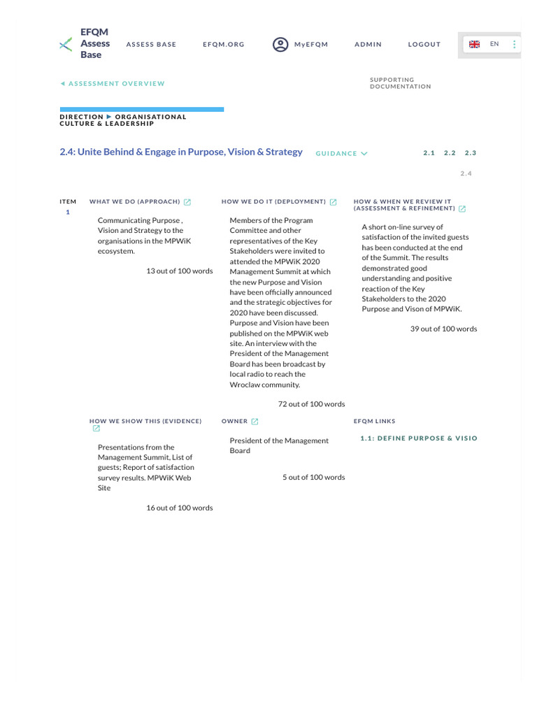 2.4 - Unite Behind and Engage in Purpose, Vision EFQM Assess Base | PDF ...