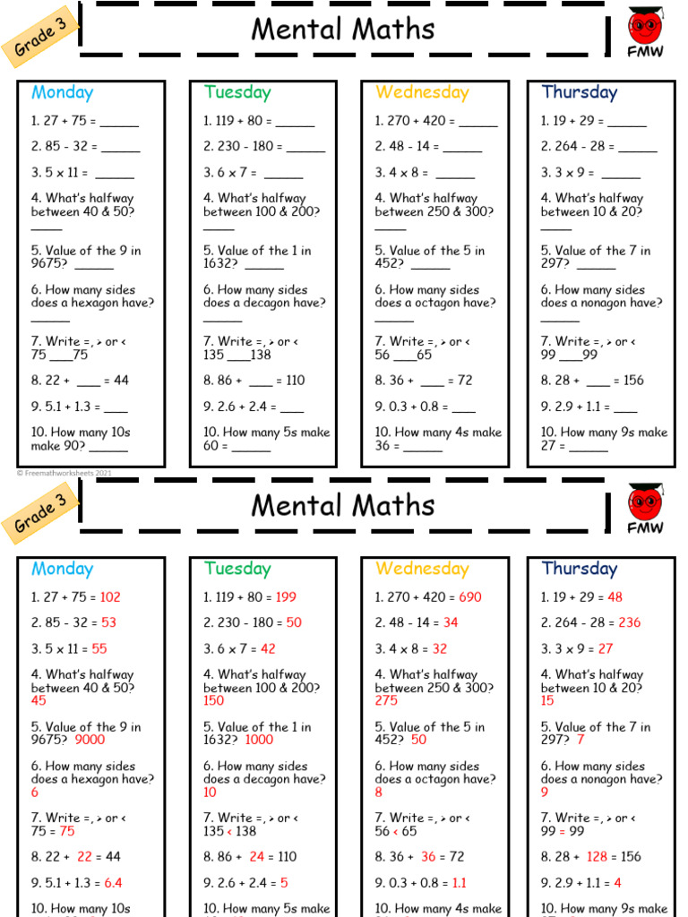 Grade 3 Mental Maths Worksheet 3 1 | PDF