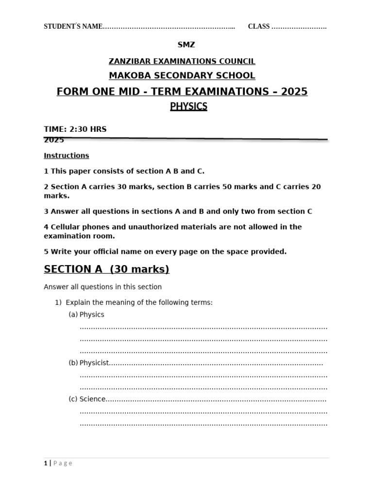 Form One Physics Mid-Term Exam 2025 | PDF | Physics | Quantity