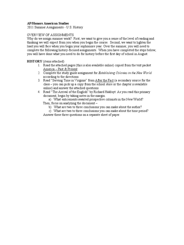 Analysis of Summer Assignments for AP/Honors American Studies 2011 U.S ...