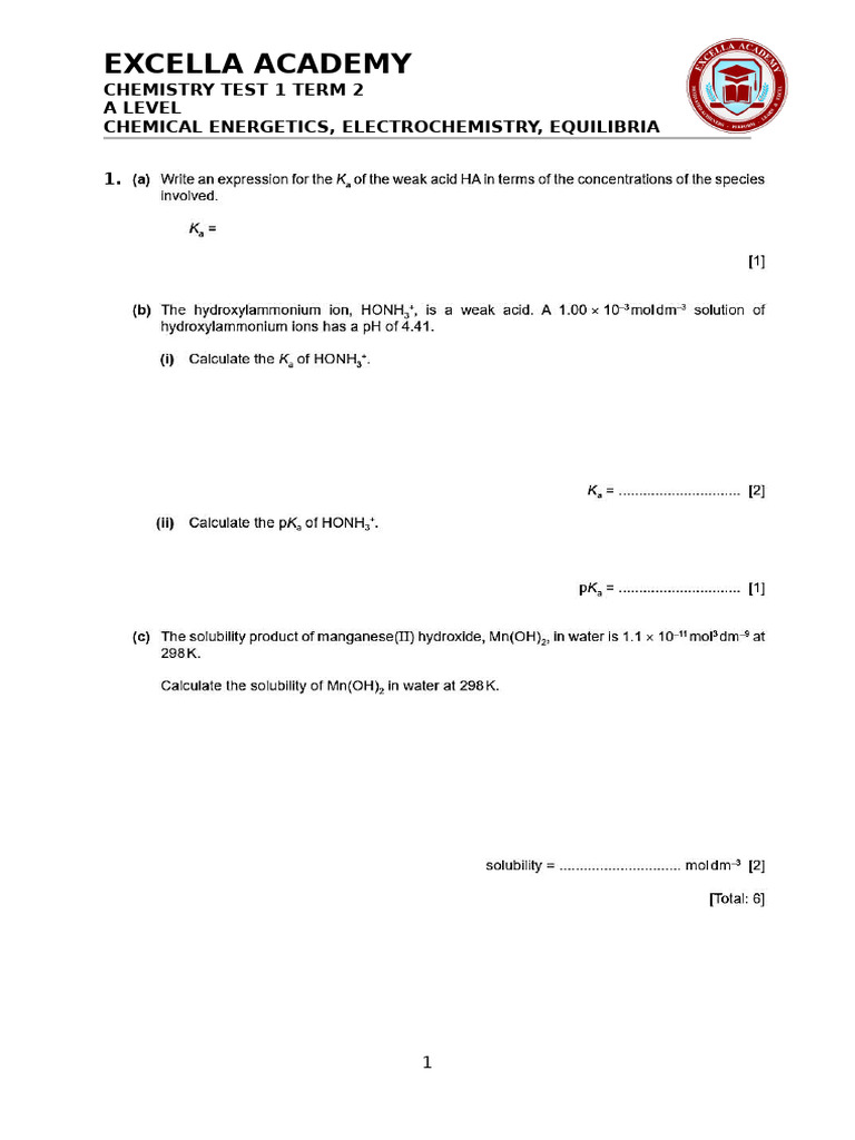 A Level Chemistry Test Equilibria | PDF