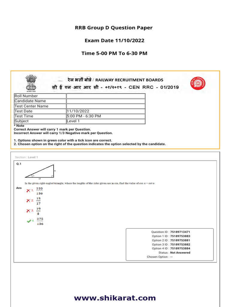 RRB Group D Exam Paper 2022 | PDF | Question | Tests
