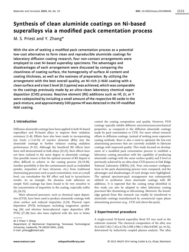 Synthesis of clean aluminide coatings on Ni‐based superalloys via a modified pack cementation ...
