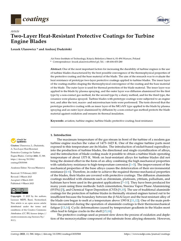 Two-Layer Heat-Resistant Protective Coatings for Turbine Engine Blades ...