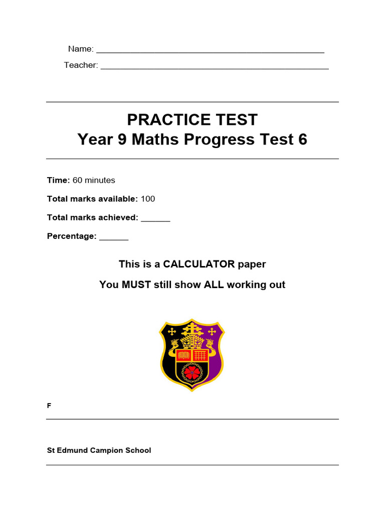 PRACTICE TEST Year 9 Maths Progress Test 6 Foundation 2 | PDF | Mathematics