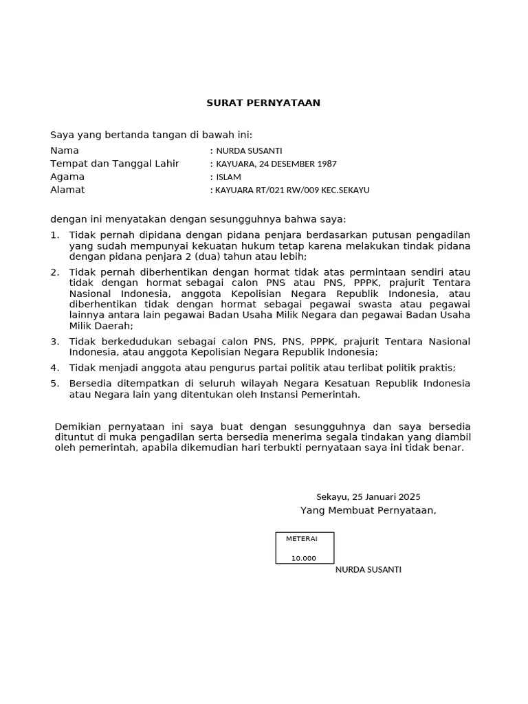 Surat Pernyataan Nurda | PDF