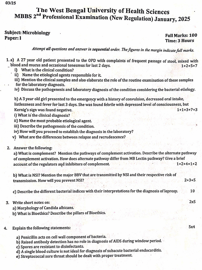 WBUHS 2nd Prof Question Paper - January 2025 (Of MBBS Batch 2022-27) | PDF