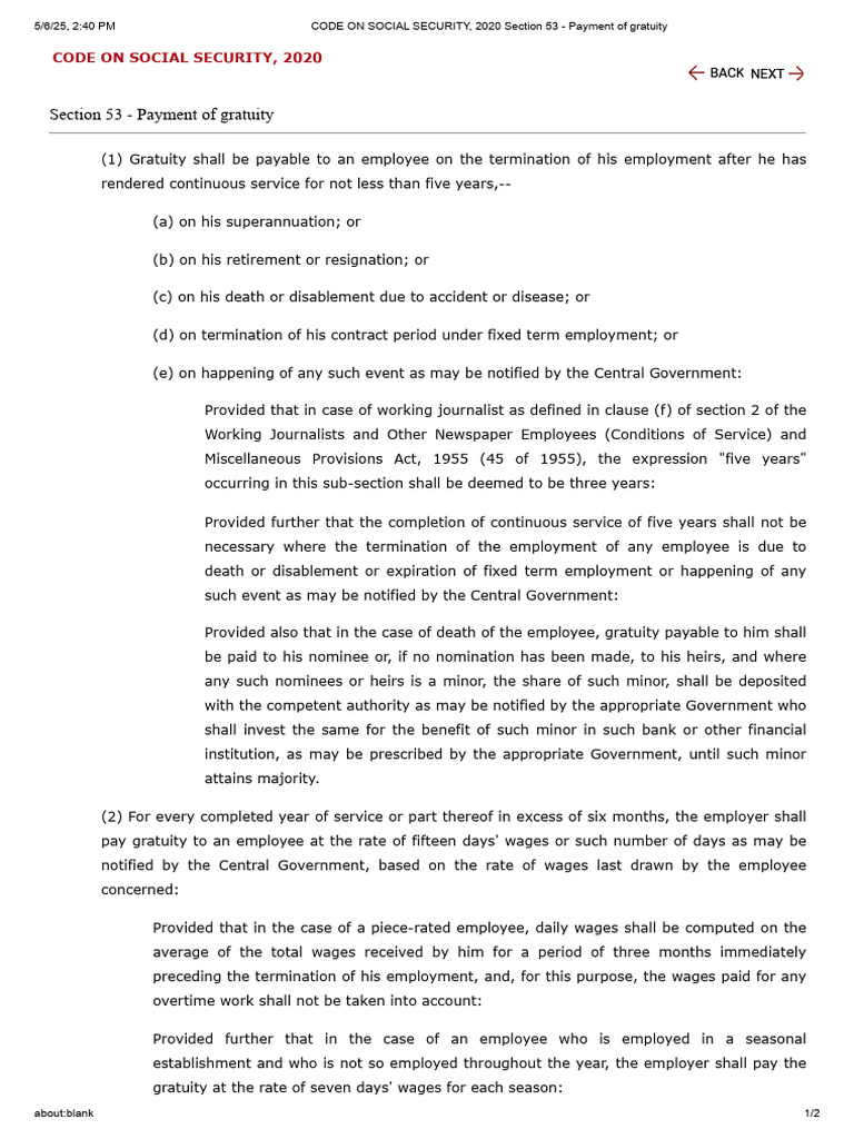 CODE ON SOCIAL SECURITY, 2020 Section 53 - Payment of Gratuity | PDF | Employment | Wage