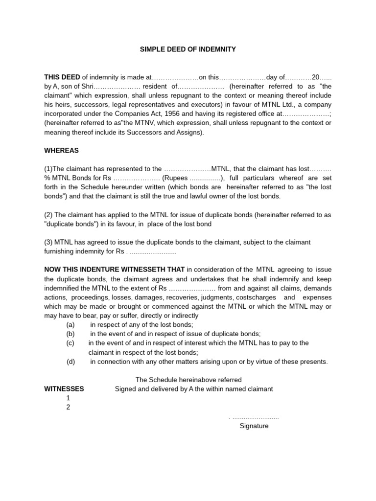 Simple Deed of Indemnity | PDF