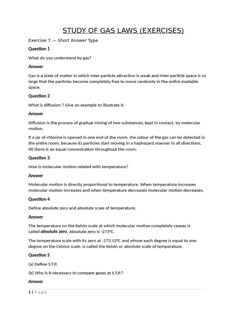 STUDY OF GAS LAWS Exercises | PDF | Gases | Temperature