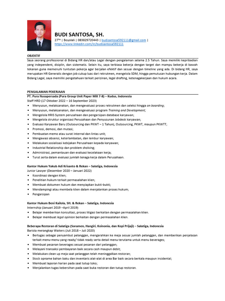 CV - Budi Santosa - HR - Legal | PDF