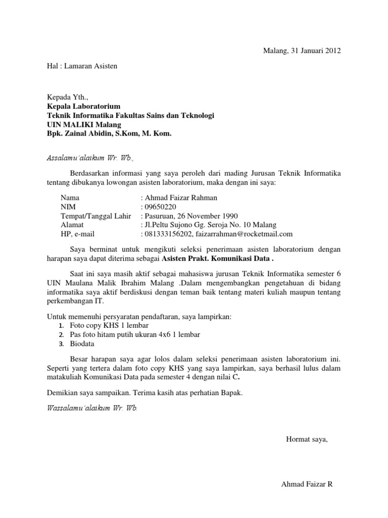 Surat Lamaran Aslab | PDF