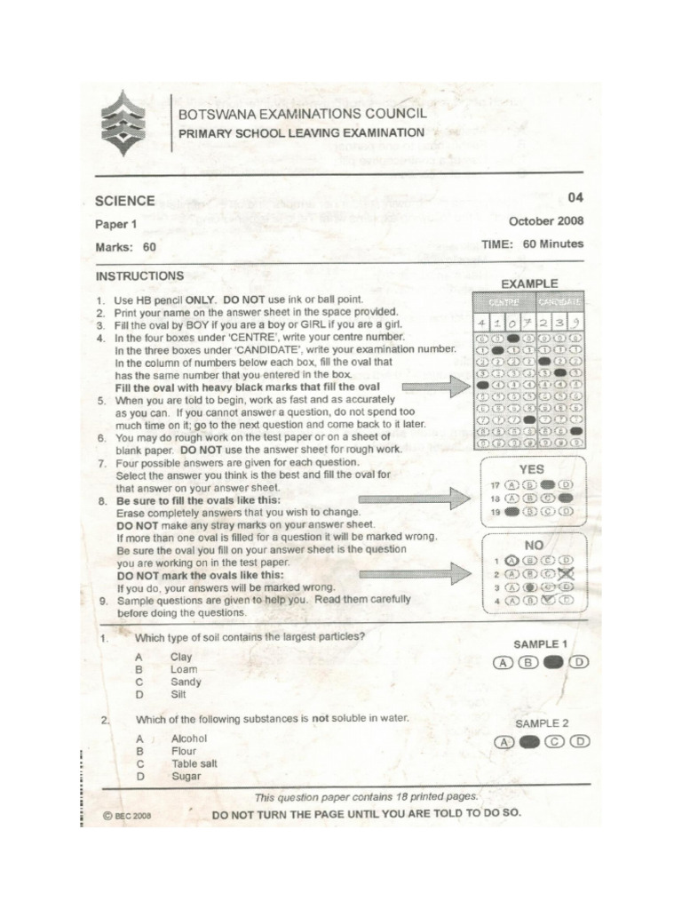 Psle Science 2008 & Marking Key WP | PDF