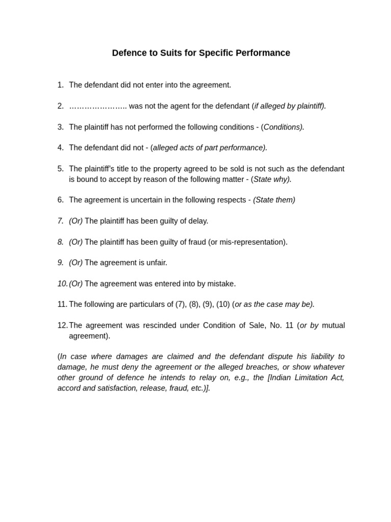 Defence to Suits for Specific Performance | PDF