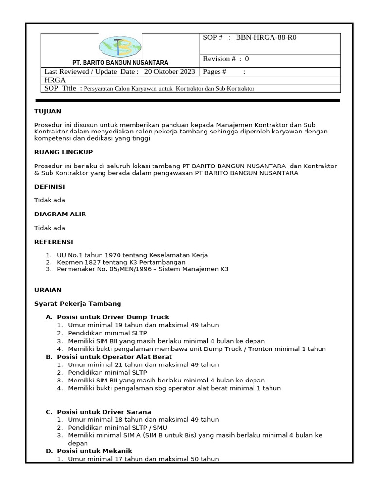 BBN Sop-Hrga-88-R0 Persyaratan Calon Karyawan Untuk Kontraktor Dan Sub Kontraktor | PDF