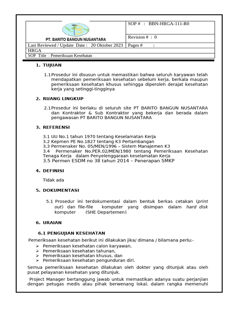BBN SOP-HRGA-111-R0 Pemeriksaan Kesehatan | PDF